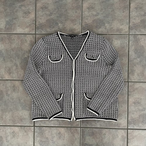 Talbots Tipped Tweed Sweater Jacket Womens Black White Open Front ...