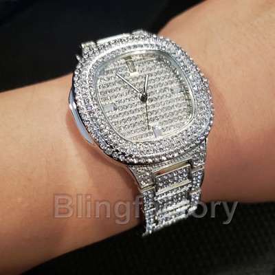 Men's Hip Hop Silver plated Lab Diamonds Iced Bling Luxury Metal Band ...