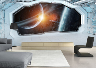 3D Spaceship Interior with View Self-Adhesive Wallpaper Wall Murals ...
