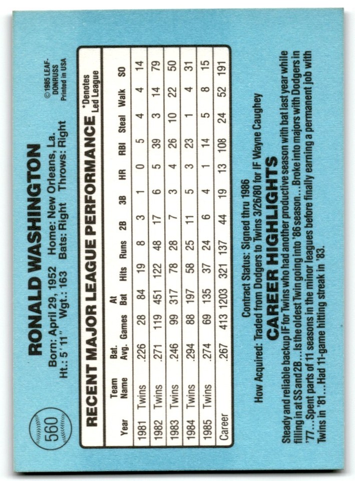 1986 Donruss Ron Washington Minnesota Twins #560 | eBay