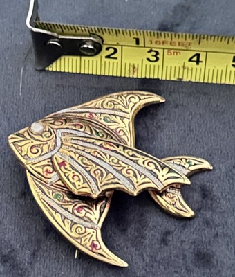 Vintage ESTATE SIGNED SPAIN Gold Tone Angelfish Rhinestone Brooch FISH ...