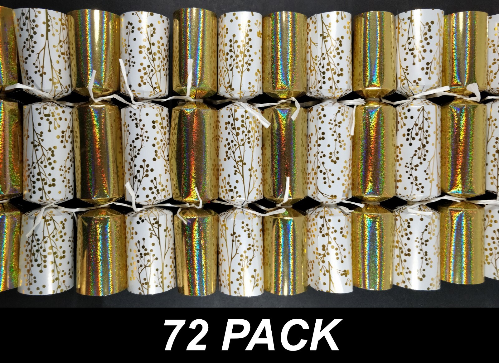 72 x Christmas Crackers Bon Bons 30cm Gold & White with Hat, Joke ...