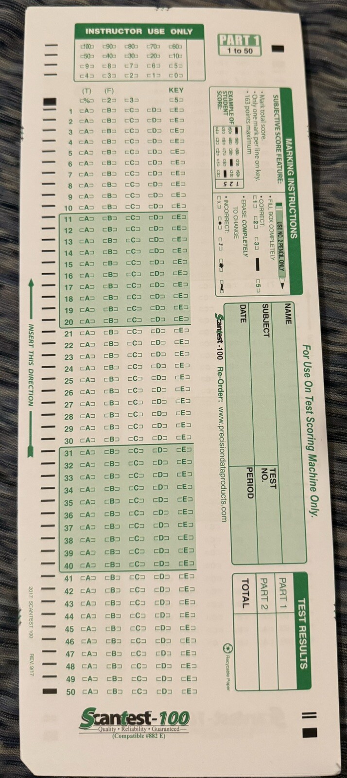 TEST-100E Scantron 882E Compatible Testing Forms/ set of 35 sheets. | eBay