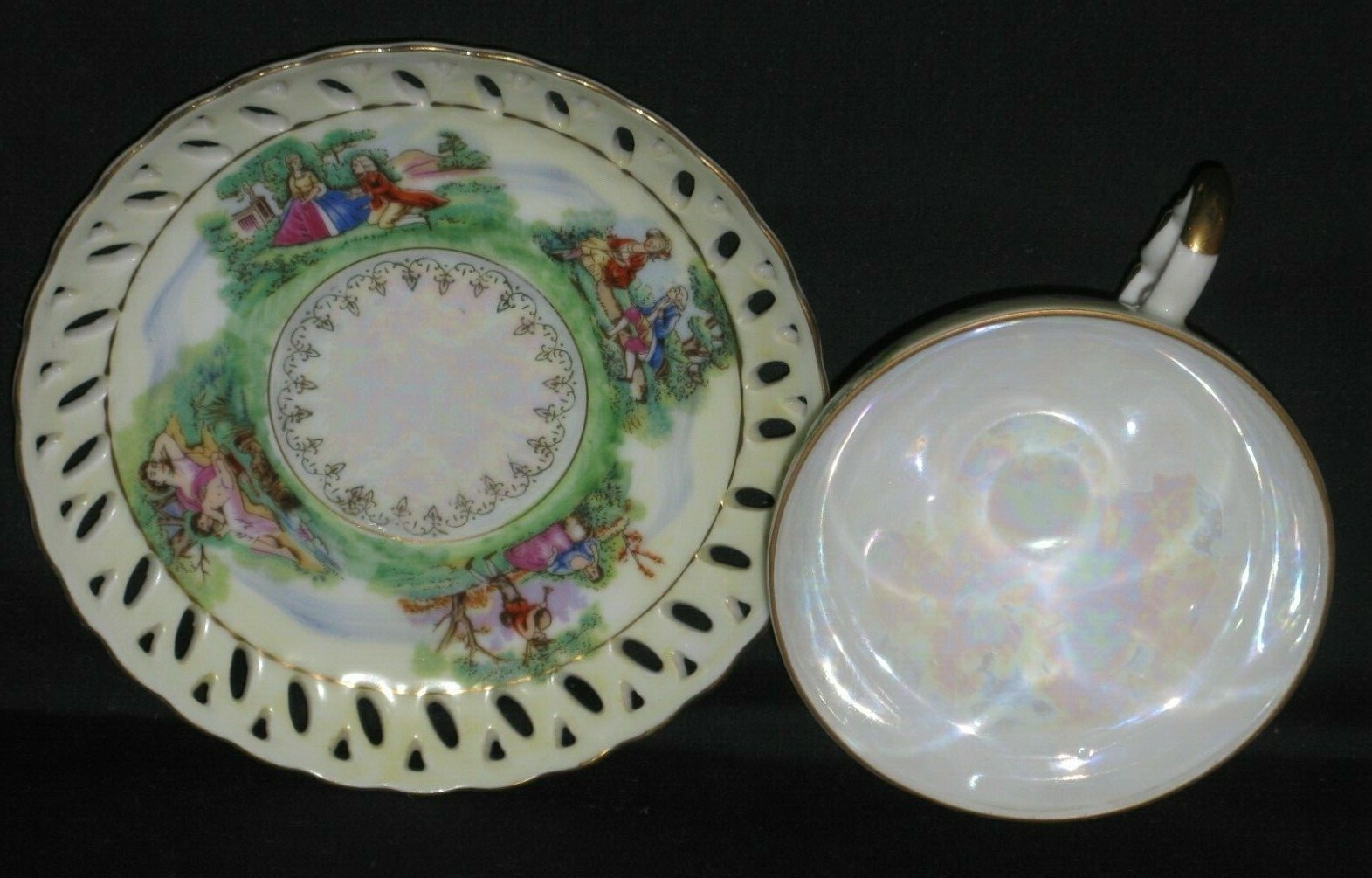 Vintage Hand Painted Riviera Iridescent China Footed Tea Cup & Saucer ...