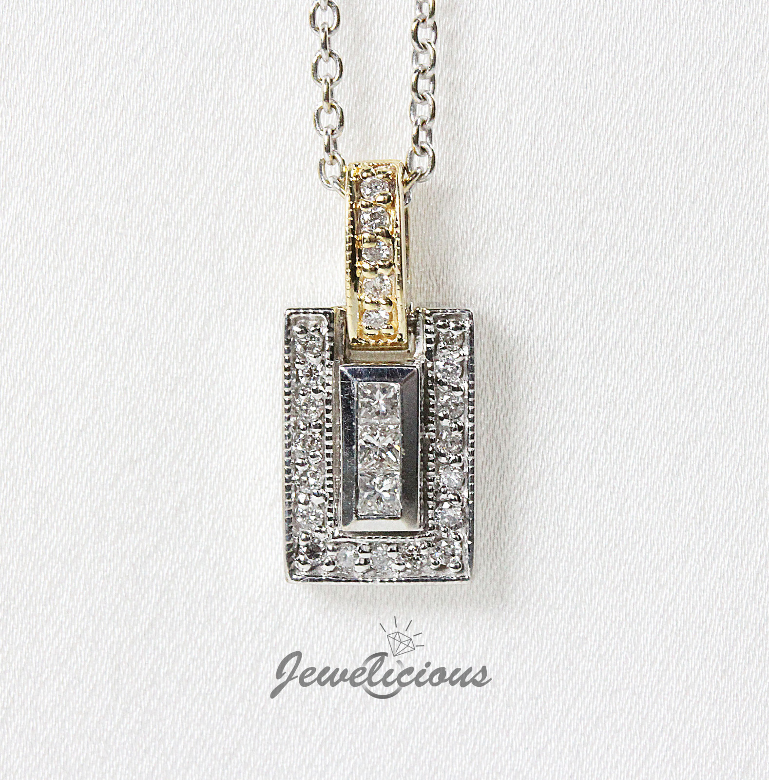 Estate 14K 2 ToneGold Natural Diamonds Rectangle Halo Bar Pendant no ...