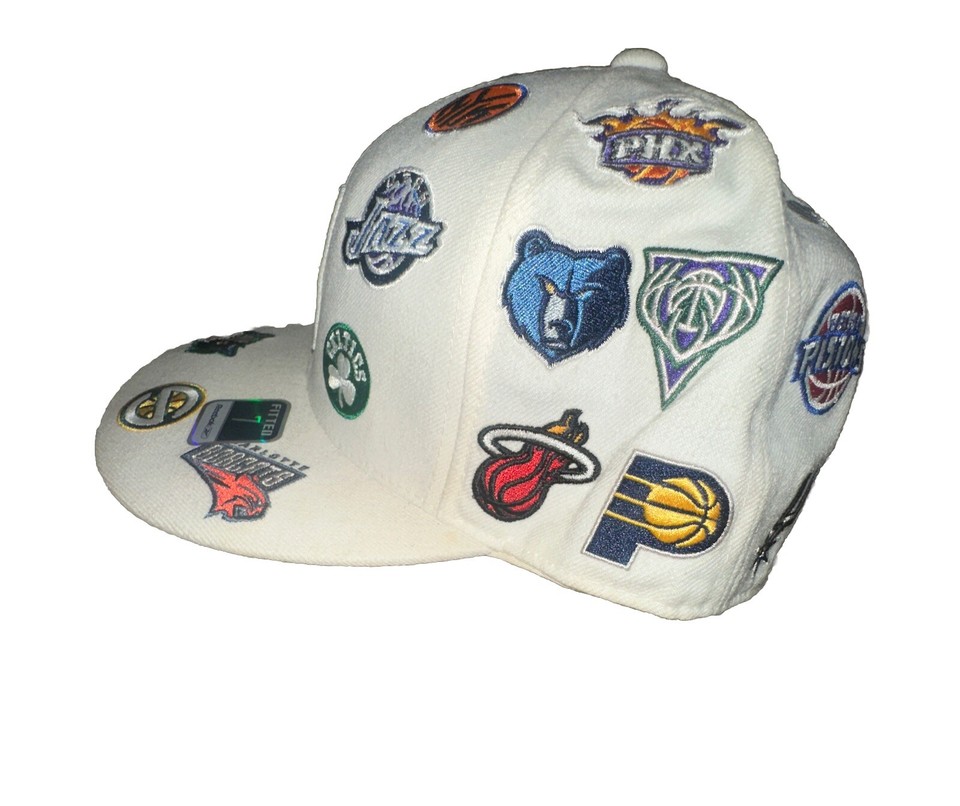Reebok NBA All Over Logo Patch Star Fitted Hat Cap White 7 VTG Y2K ...