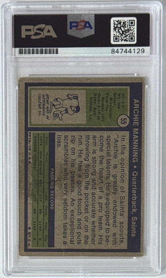 1972 72 TOPPS ARCHIE MANNING RC ROOKIE CARD SIGNED PSA DNA COA ...