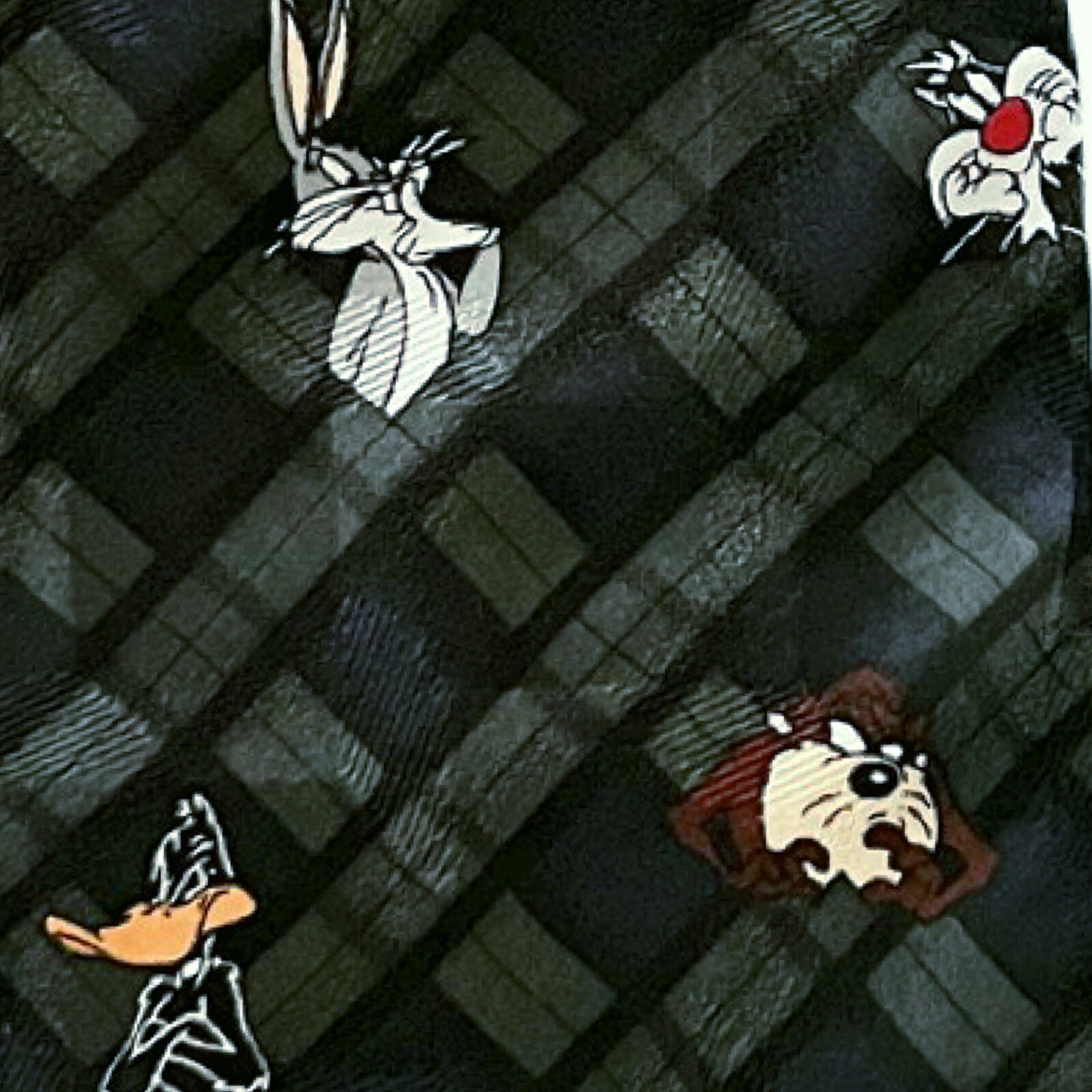 VTG Bugs Bunny Taz Sylvester Navy Green Plaid Silk Ti… - Gem