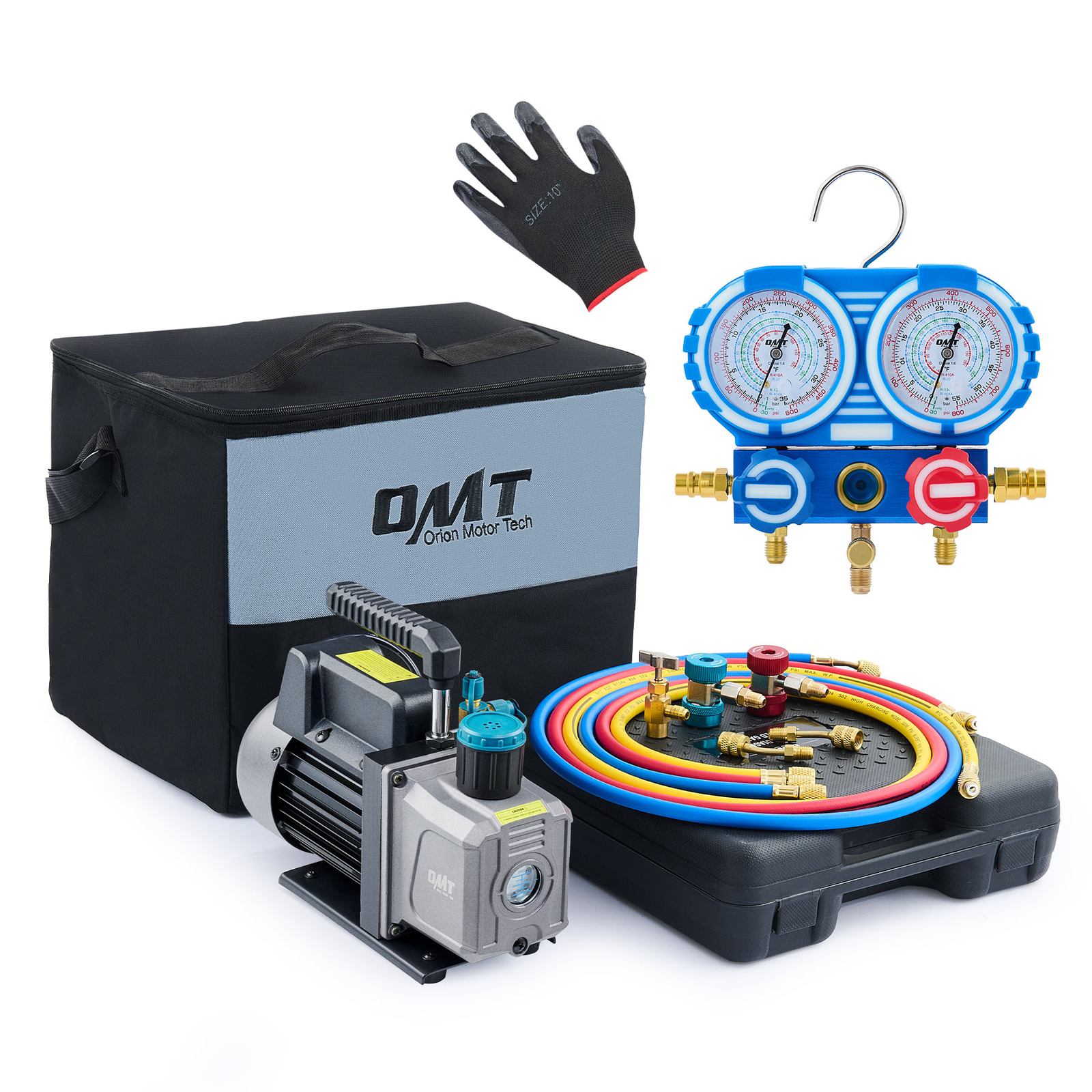 OMT Combo 3.5cfm 1/4hp Air HVAC Vacuum Pump Kit & A/C Manifold Gauge ...