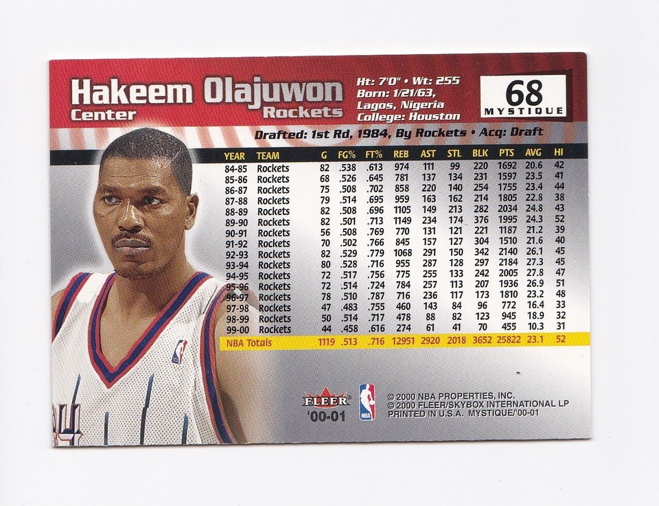 2000-01 Fleer Mystique #68 Hakeem Olajuwon Houston Rockets | eBay