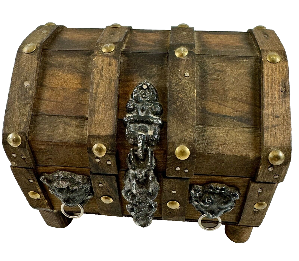 Vintage Small Treasure Chest Wooden Jewelry Box with Lions Velvet Lined ...
