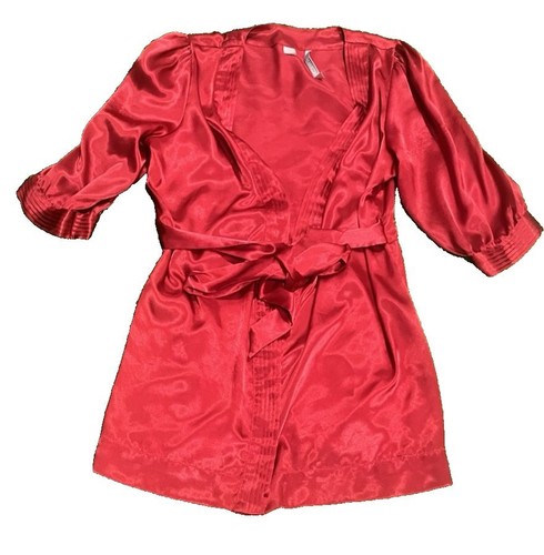 VICTORIA'S SECRET Slippery Red SATIN Robe Attached Belt POCKETS Women's ...