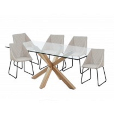 NOVAK DINING SET CLEAR TOP DINING TABLE NATURAL LEGS & 6 BEIGE DINING ...