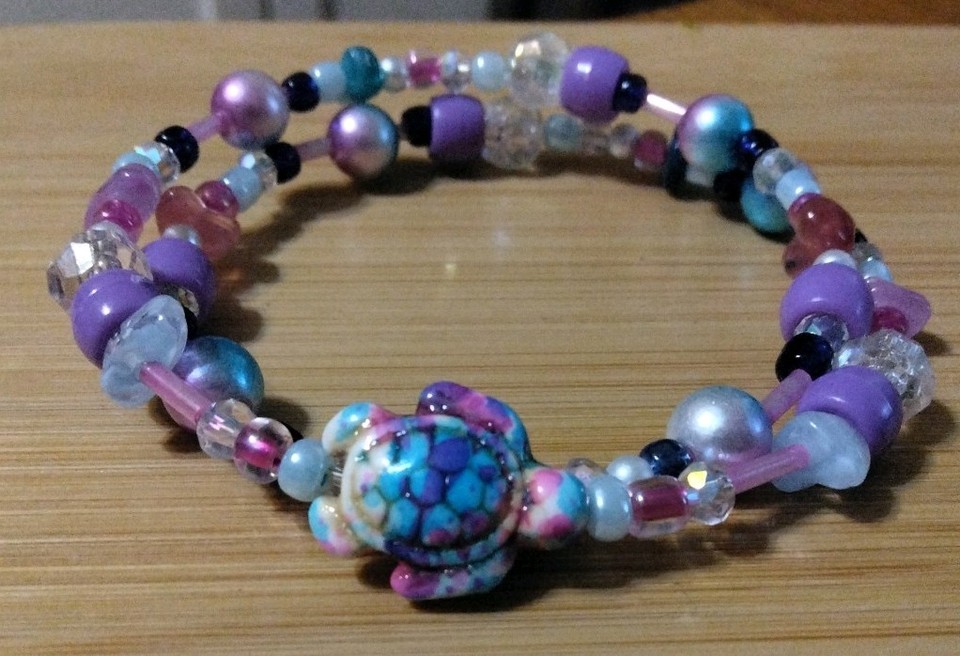 Handmade 14 in Wrap Bracelet-Plastic, Glass, Stone-Stone Turtle Beaded ...