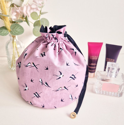 Handmade Drawstring Toiletry Bag Dusky Pink with bird print, Make up ...
