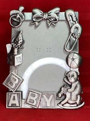 Vtg Pewter Metal Photo Frame Holds 6x4" Baby Blocks Teddy Bear Ball ...