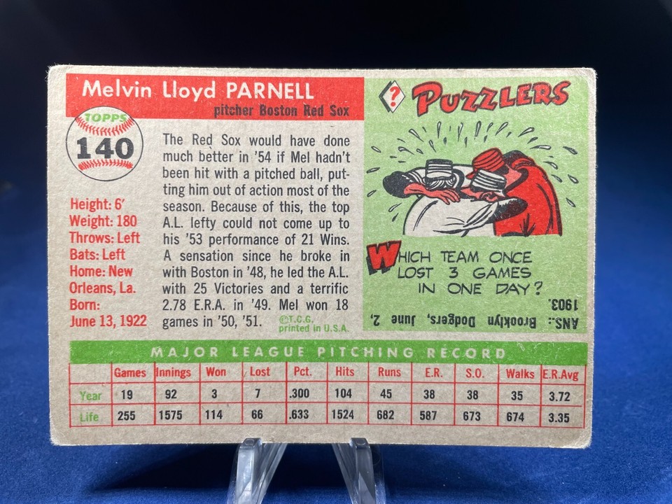 1955 Topps Baseball Card Mel Parnell #140 Boston Red Sox | eBay