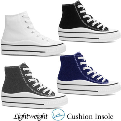 Ladies Hi Top Canvas Shoes Trainers Platform Plimsolls Lace Pumps ...