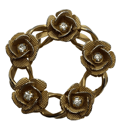 Pretty Vintage Gold Tone Textured Rose & Rhinestone Circle Brooch / Pin ...