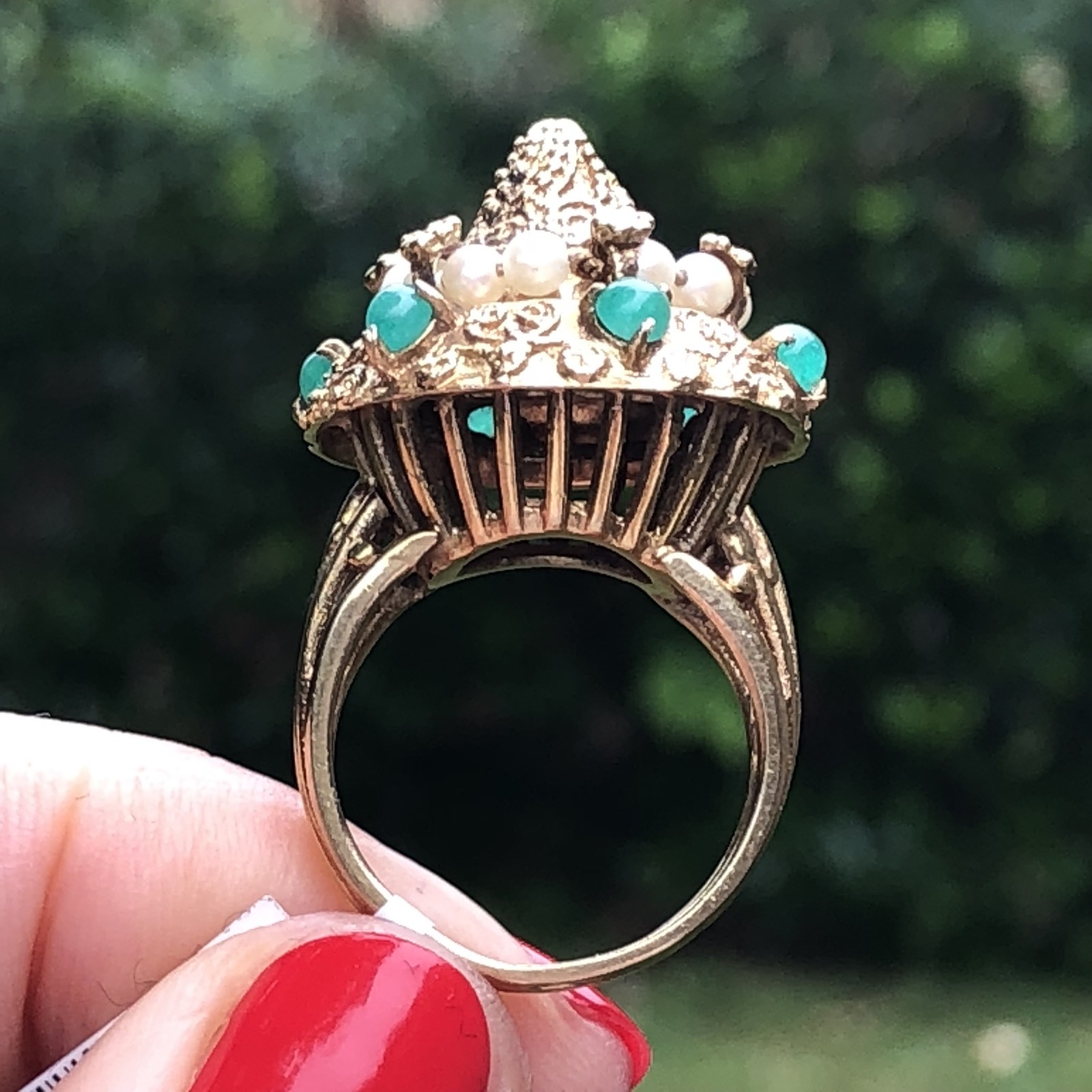 Etruscan Revival 14K Yellow Gold Seed Pearl Emerald Cab Thai Princess ...