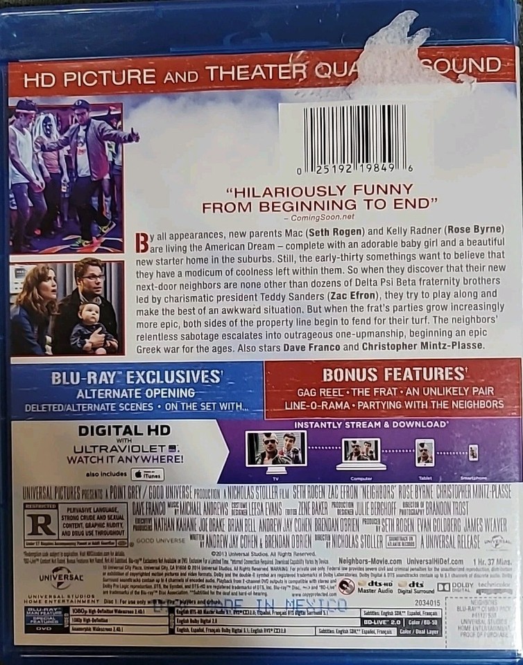 Neighbors Movie Blu-ray DVD 2014, 2-Disc Set Includes Digital Copy ...