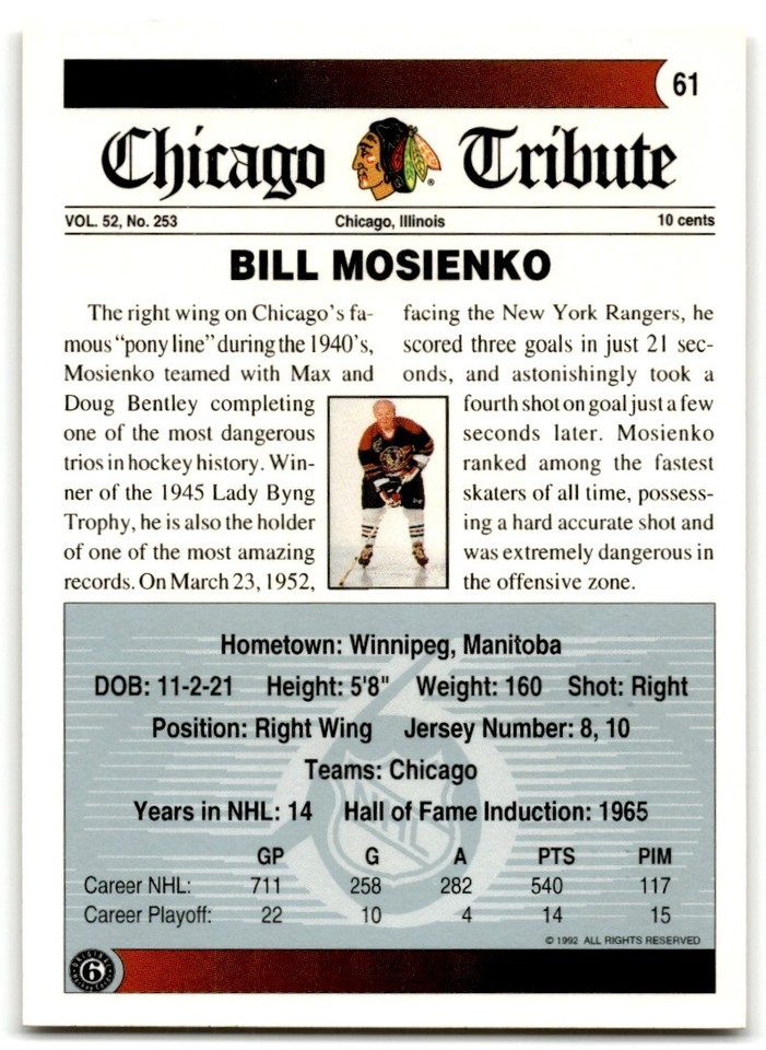 1991-92 Ultimate Original 6 Bill Mosienko Chicago Blackhawks #61 | eBay