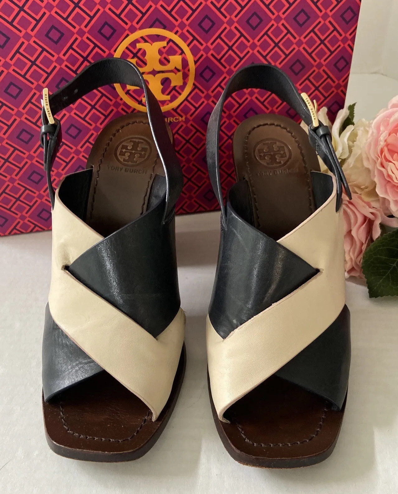 TORY BURCH Bleecker Slingback Sandal Shoe Heel Navy I… - Gem