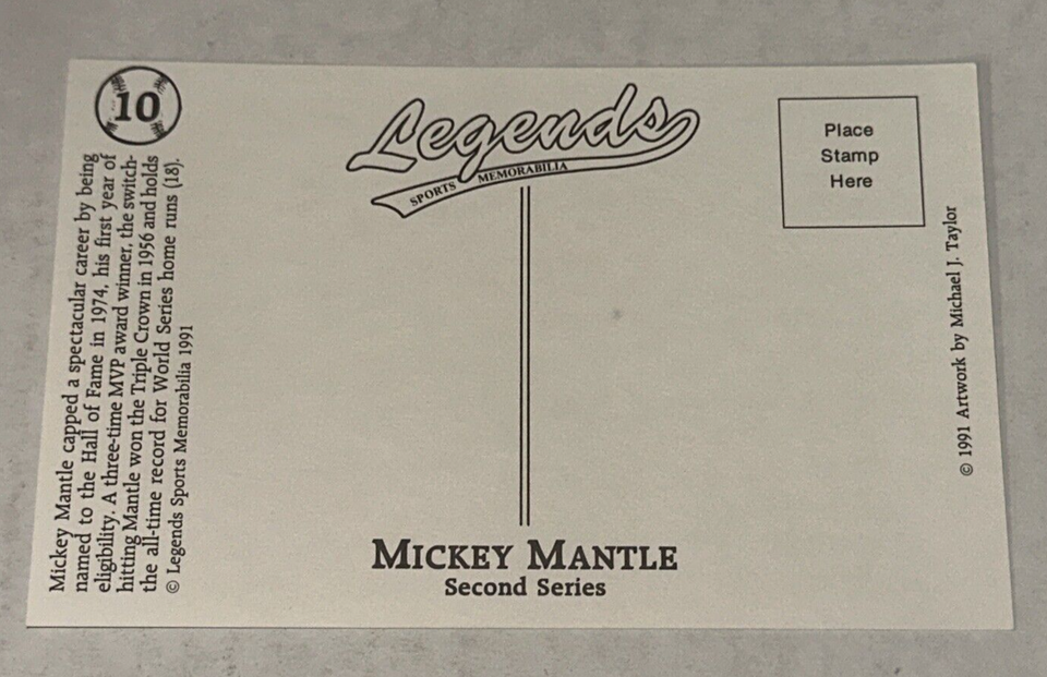 Mickey Mantle 1991 Legends Postcard #10 3 1/2 x 5 1/2 Series 2 Michael ...