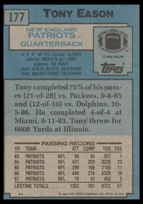 1988 Topps #177 Tony Eason New England Patriots Football Card | eBay