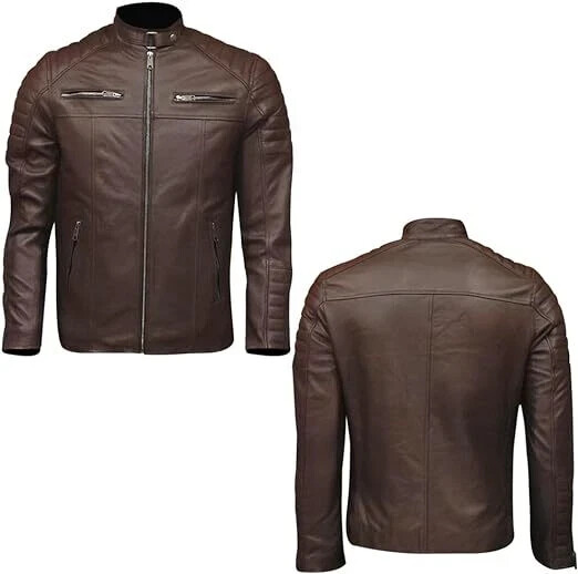 MEN BROWN LEATHER CASUAL BIKER JACKET GENUINE COAT STYL MOTORCYCLE CAFE ...