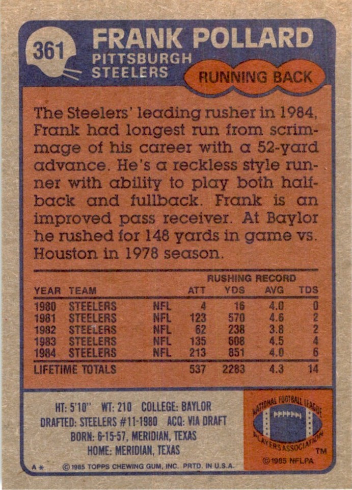 1985 TOPPS FRANK POLLARD PITTSBURGH STEELERS. #361 | eBay