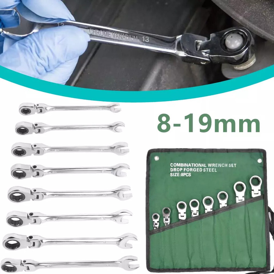 8Pcs Metric Ratchet Flexible Spanner Set 8-19mm Combination Wrench ...