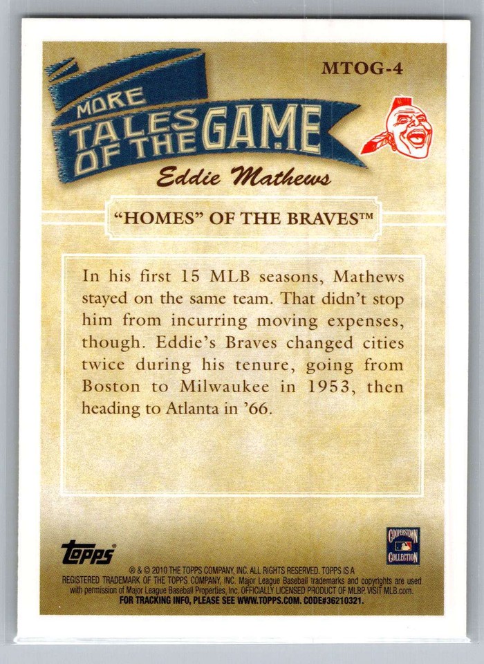 2010 Topps Update #MTOG-4 Eddie Mathews Braves More Tales of the Game ...