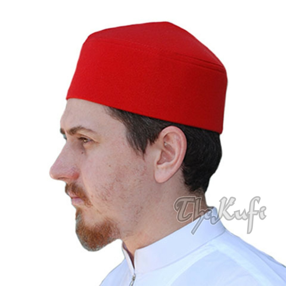 Solid Red Moroccan Fez-style Kufi Hat - Soft Islamic Prayer Cap Faux ...