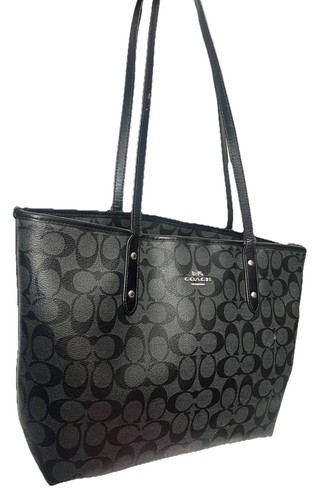 COACH CITY LARGE SIGNATURE SHOULDER TOTE BAG BLACK LEATHER TRIM GOLD ...