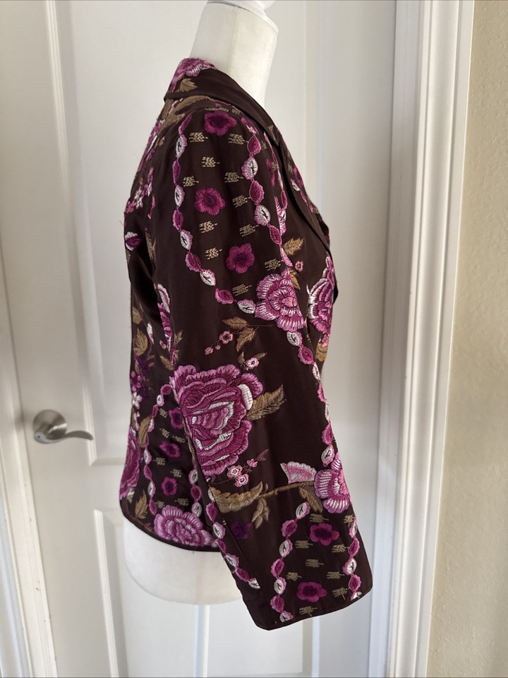 ECI New York Embroidered Silk Jacket Blazer Women Size 10 Dark Brown ...