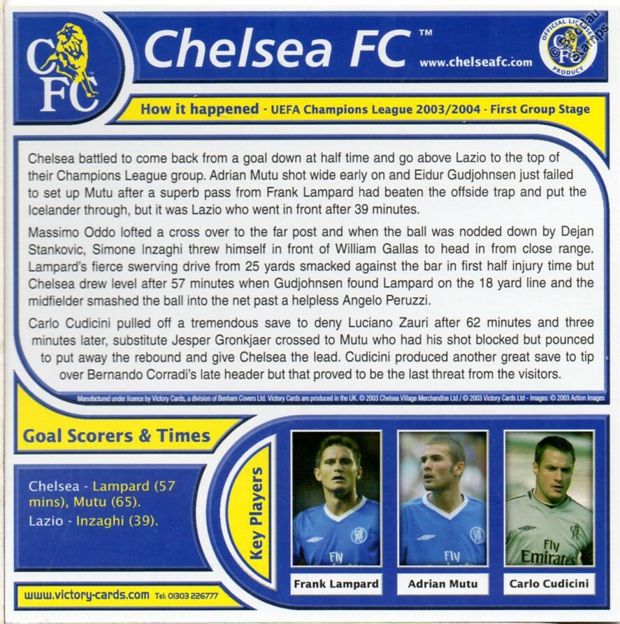 CHELSEA 2003-04 Lazio (Adrian Mutu, Lampard) Football Stamp Victory ...