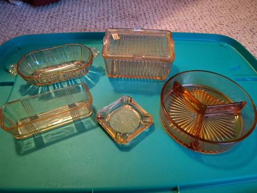 Pink Depression Glass Set Of Random Things Butter Dish, Divided Dish | eBay