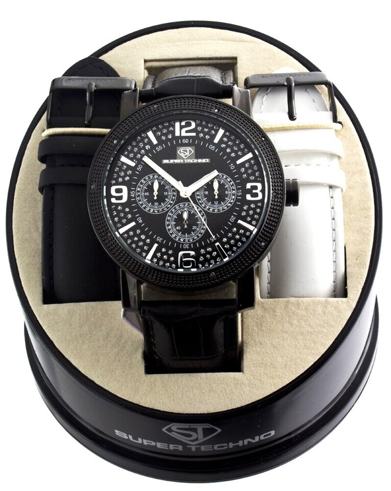 Super Techno M-6013 Men's Diamond Black Dial Leather Band Watch | eBay