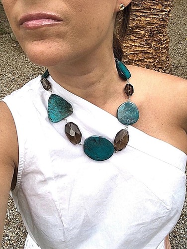 DEB GUYOT TURQUOISE SLABS SMOKY QUARTZ FACETED BEAD STERLING NECKLACE ...