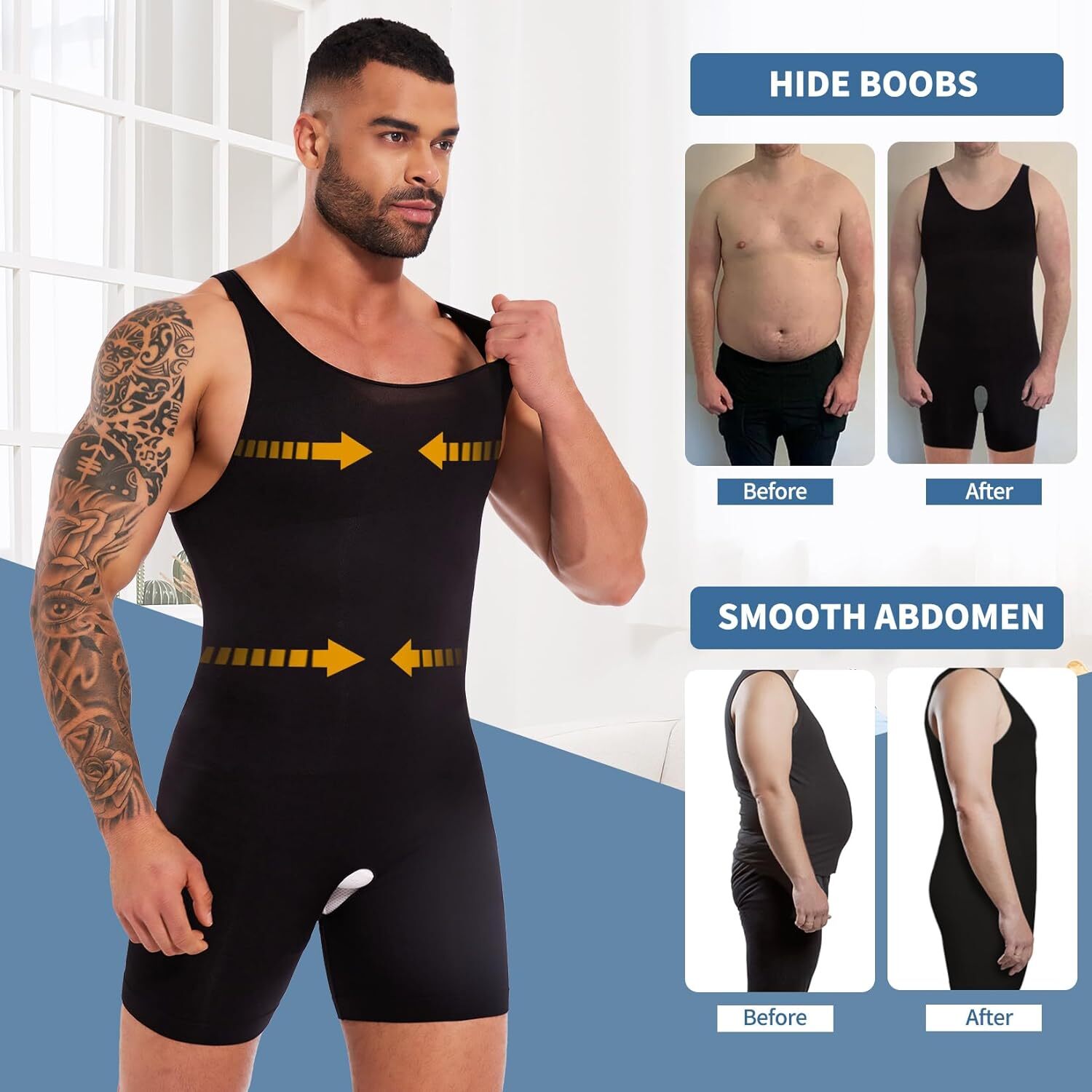Men's Full Body Shaper Slimming Compression Bodysuit Thigh Slimmer ...