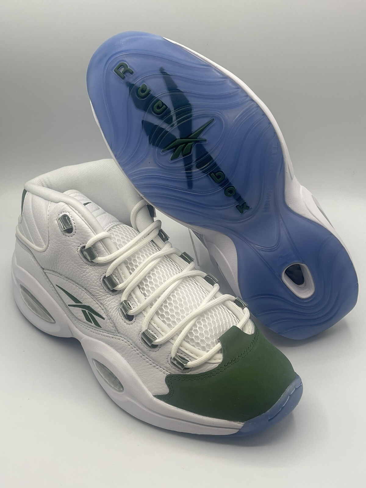 Mens Reebok QUESTION MID Shoes White Green Basketball Iverson Sneakers ...
