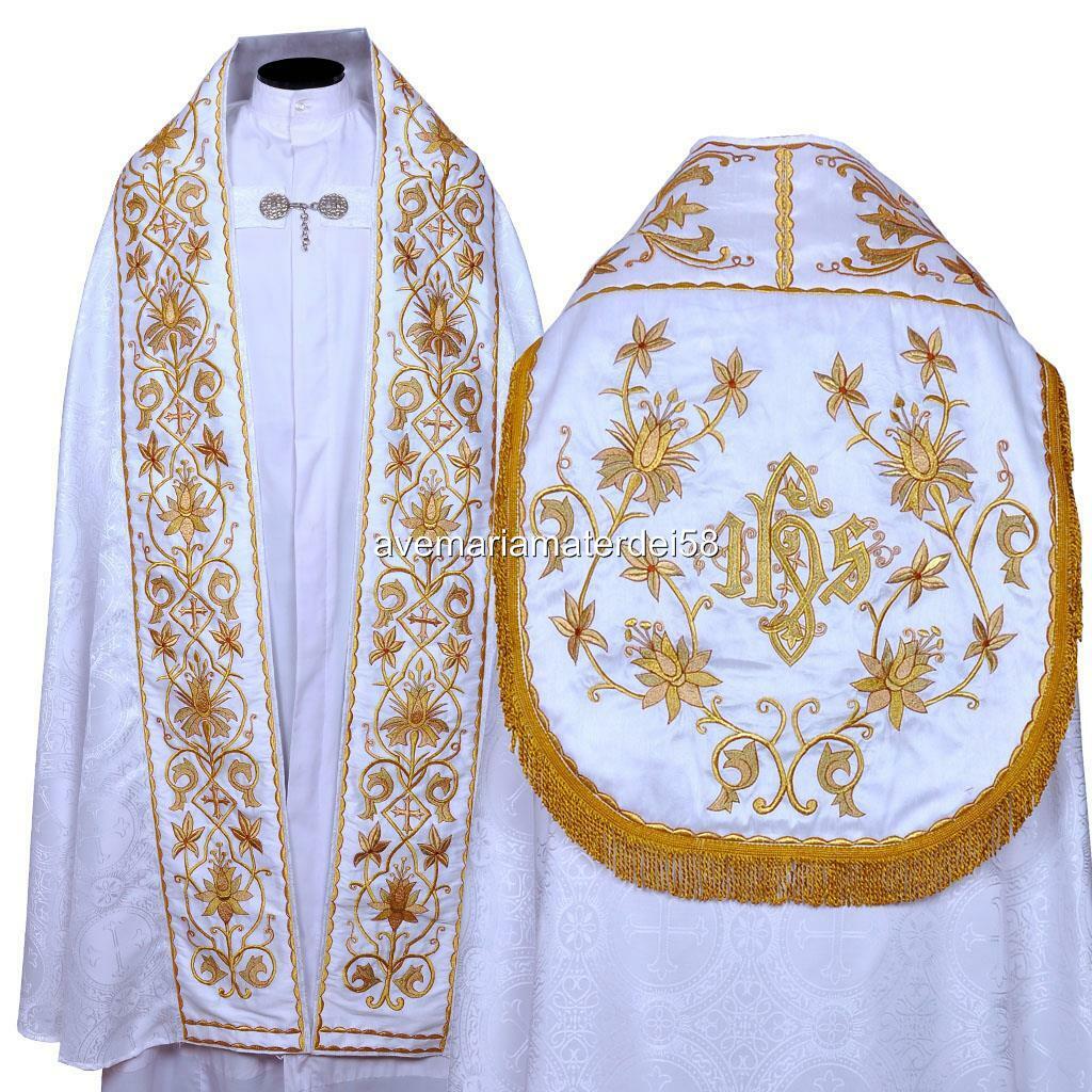 White Solemn High Mass Vestment Set Fiddleback,Dalmatic,Tunicle,Cope ...
