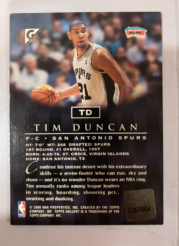 2000 Topps Gallery TIM DUNCAN On Card Gallery Autograph SAN ANTONIO ...