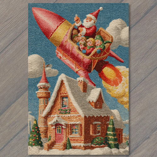 Art Print Santa Rocket Sleigh Elves Gingerbread Cottage Christmas Retro ...