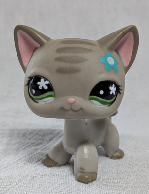 LPS Littlest Pet Shop #483 Grey Stripe Shorthair Cat Blue Flower ...