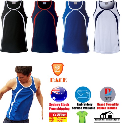 2 PACK MENS SINGLET 100% POLYESTER COOL DRY BREATHABLE PLAIN SPORTS ...