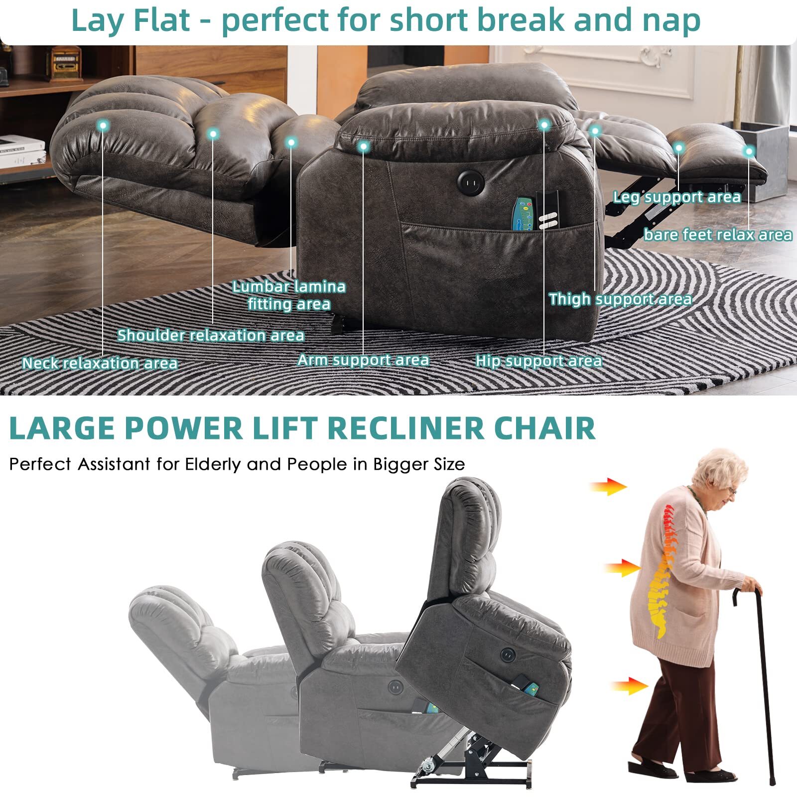Large Dual OKIN Motor Lay Flat Sleeper Lift Electric Recliner w/Heat ...