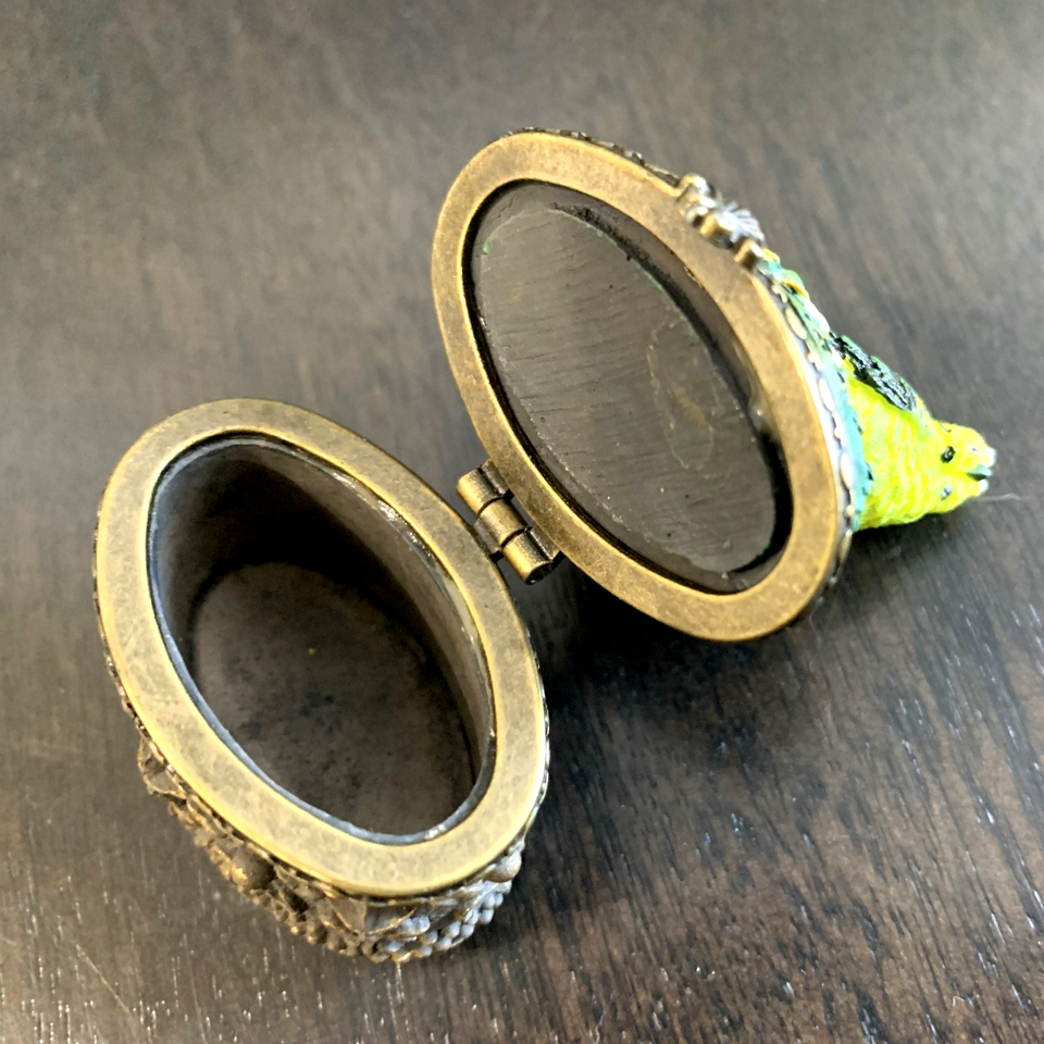 Small Green Budgerigar Budgie Bird Figurine on Hinged Trinket / Pill ...