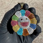 Rainbow Flower Happy Face CZ Pendant Gold Plated Stainless Steel Cuban ...